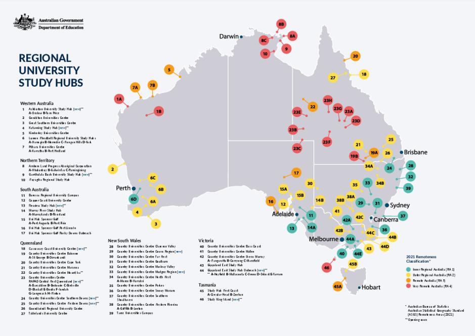 Regional University Study Hub Location Map - Department of Education, Australian Government